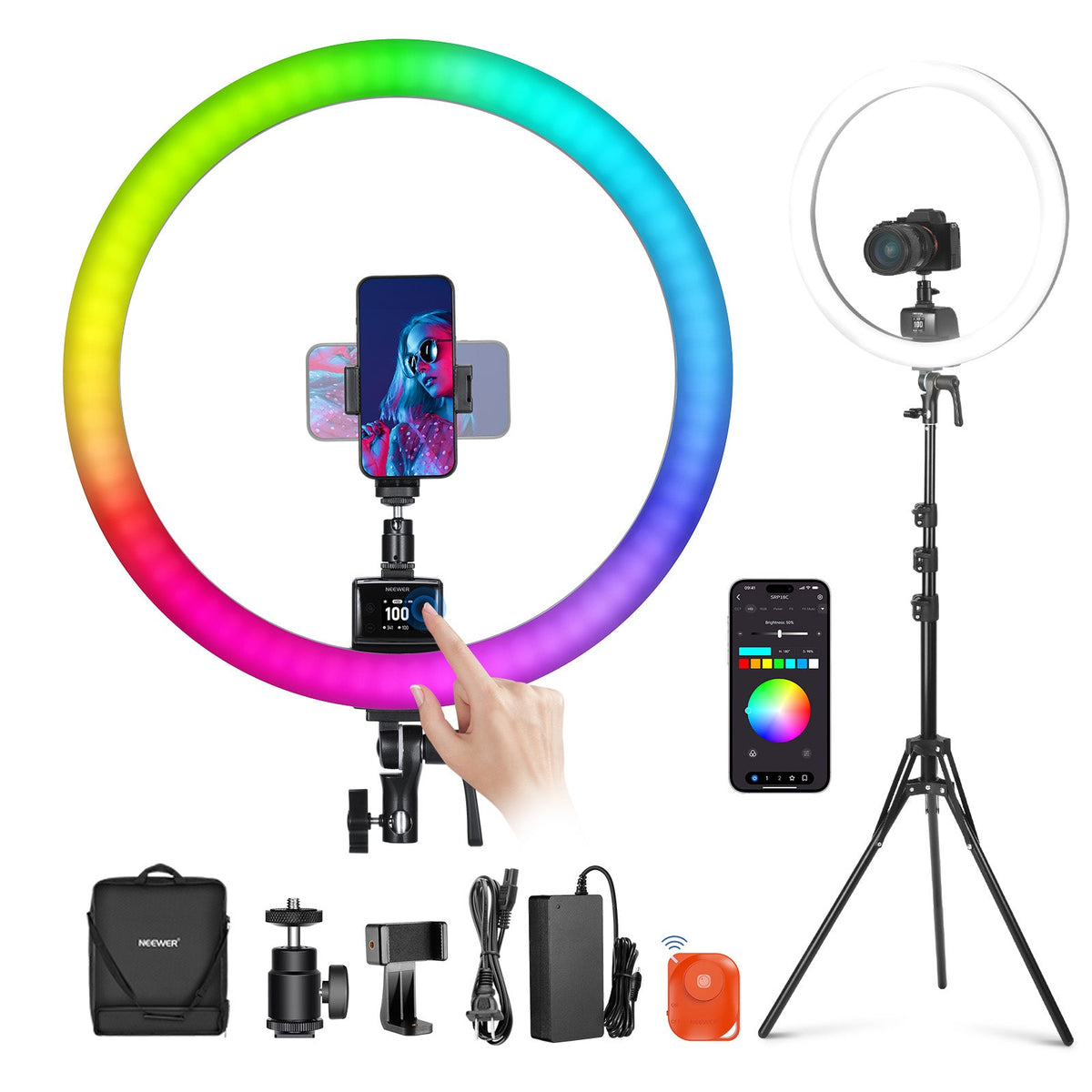 NEEWER SRP18C 55W 18" RGB App Control 2500K-10000K Ring Light Kit ...